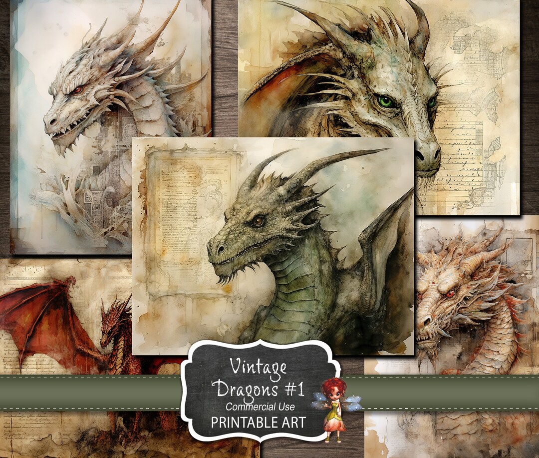 5 Printable Art Images, Vintage Dragons, Printable Junk Journal, Dragon ...