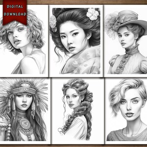 Faces Grayscale Coloring Book, Printable Coloring Pages, People ...