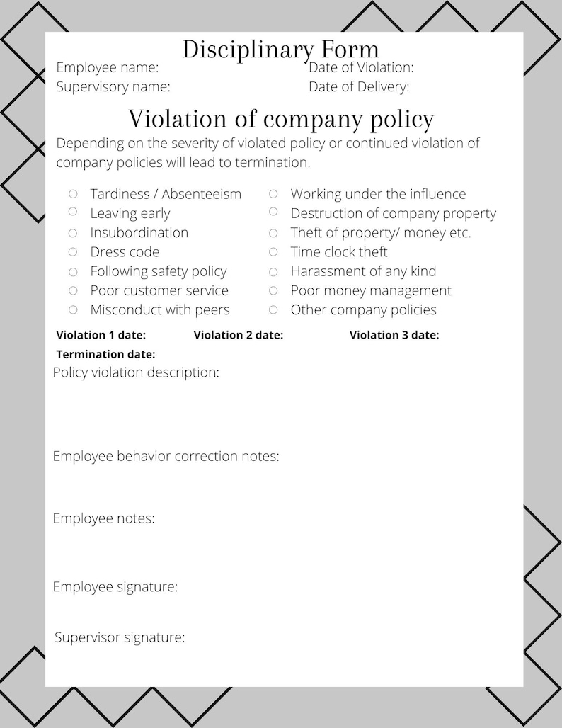 Employees Disciplinary Form/ Write up Template / Termination Form ...