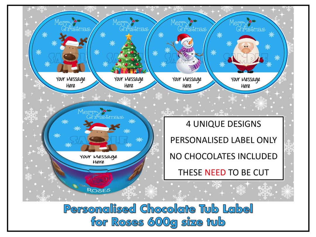 Personalised Label for Roses Chocolates Tub Christmas Santa, Snowman ...