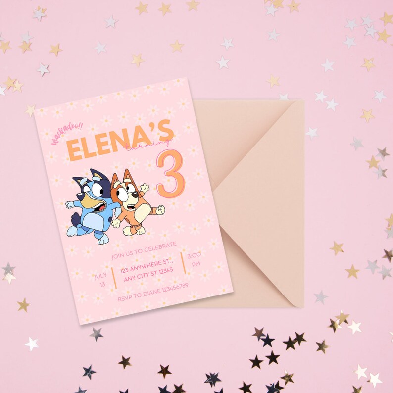 Plantilla de Invitación Bluey para niñas, invitación editable para ...