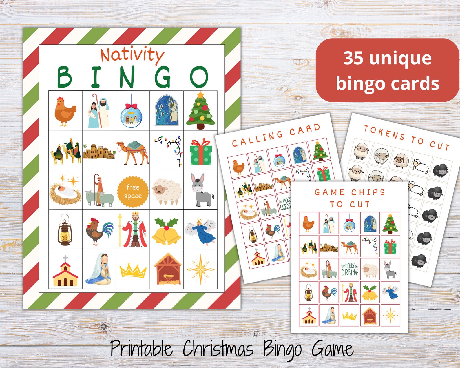 Printable Nativity Bingo | Christmas Bingo for Kids | 35 Unique Bingo ...