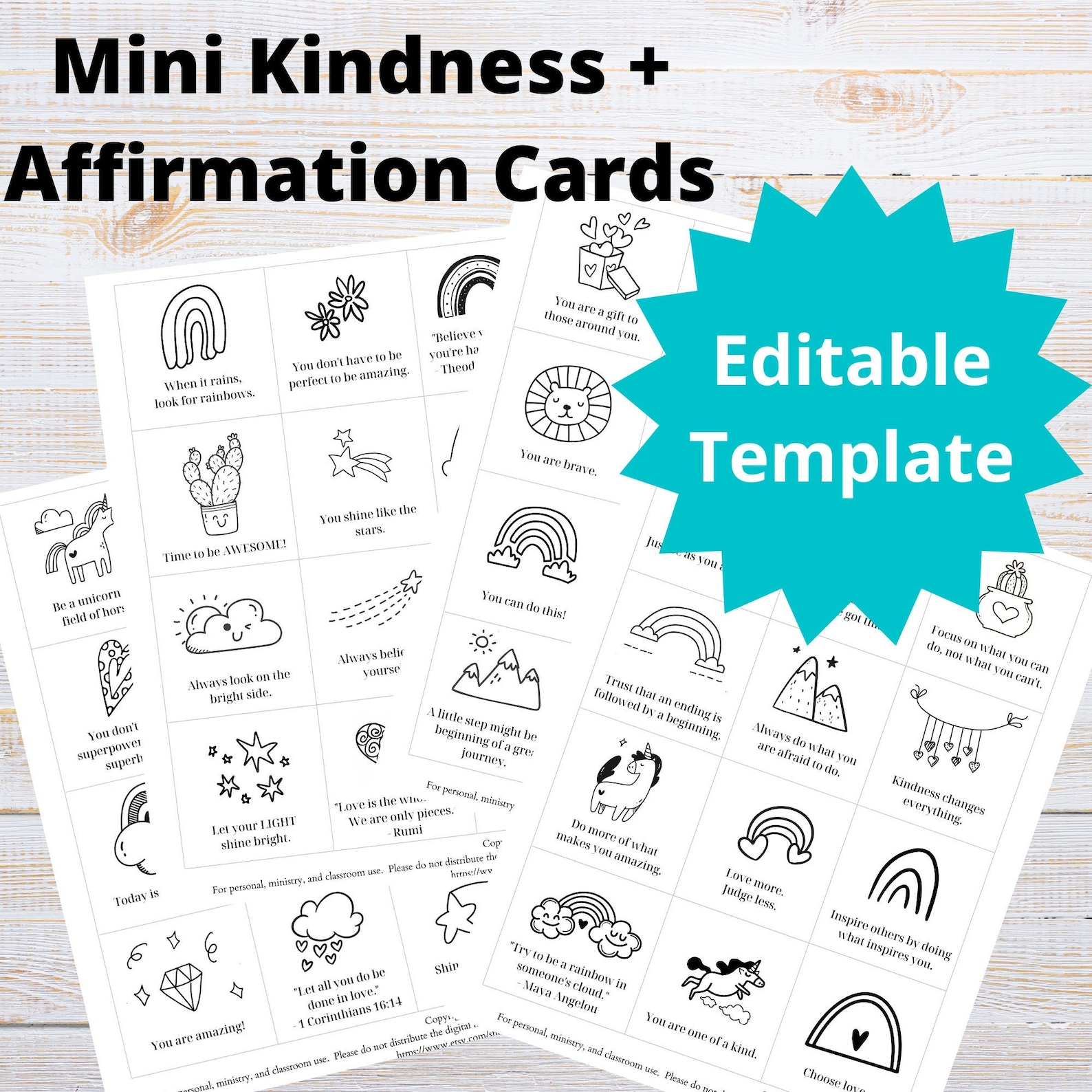 EDITABLE TEMPLATE Mini Kindness Cards | Affirmation Cards | Compliment ...