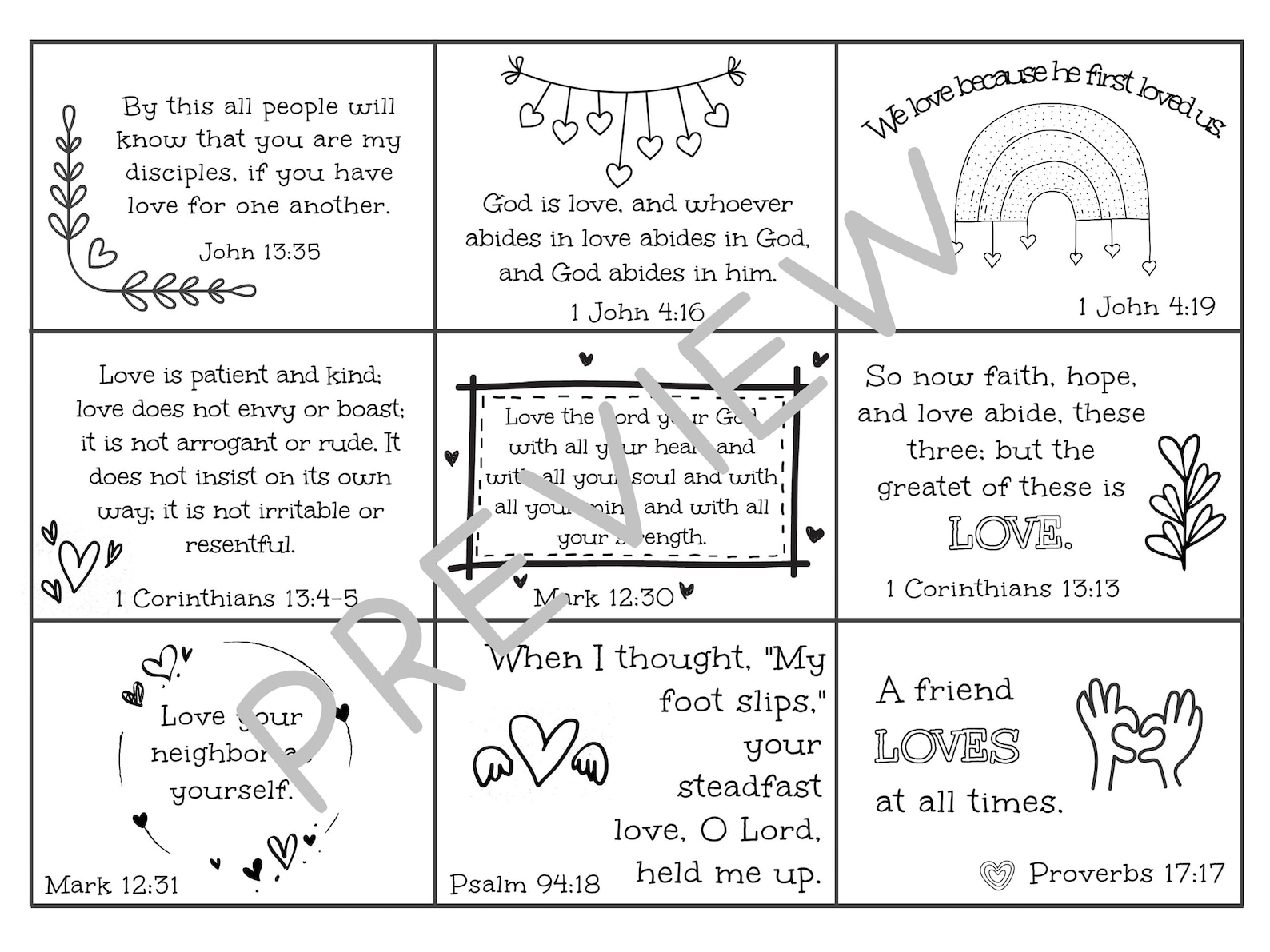 Love Themed Bible Verse Printable Coloring Cards Valentine's Day Cards ...