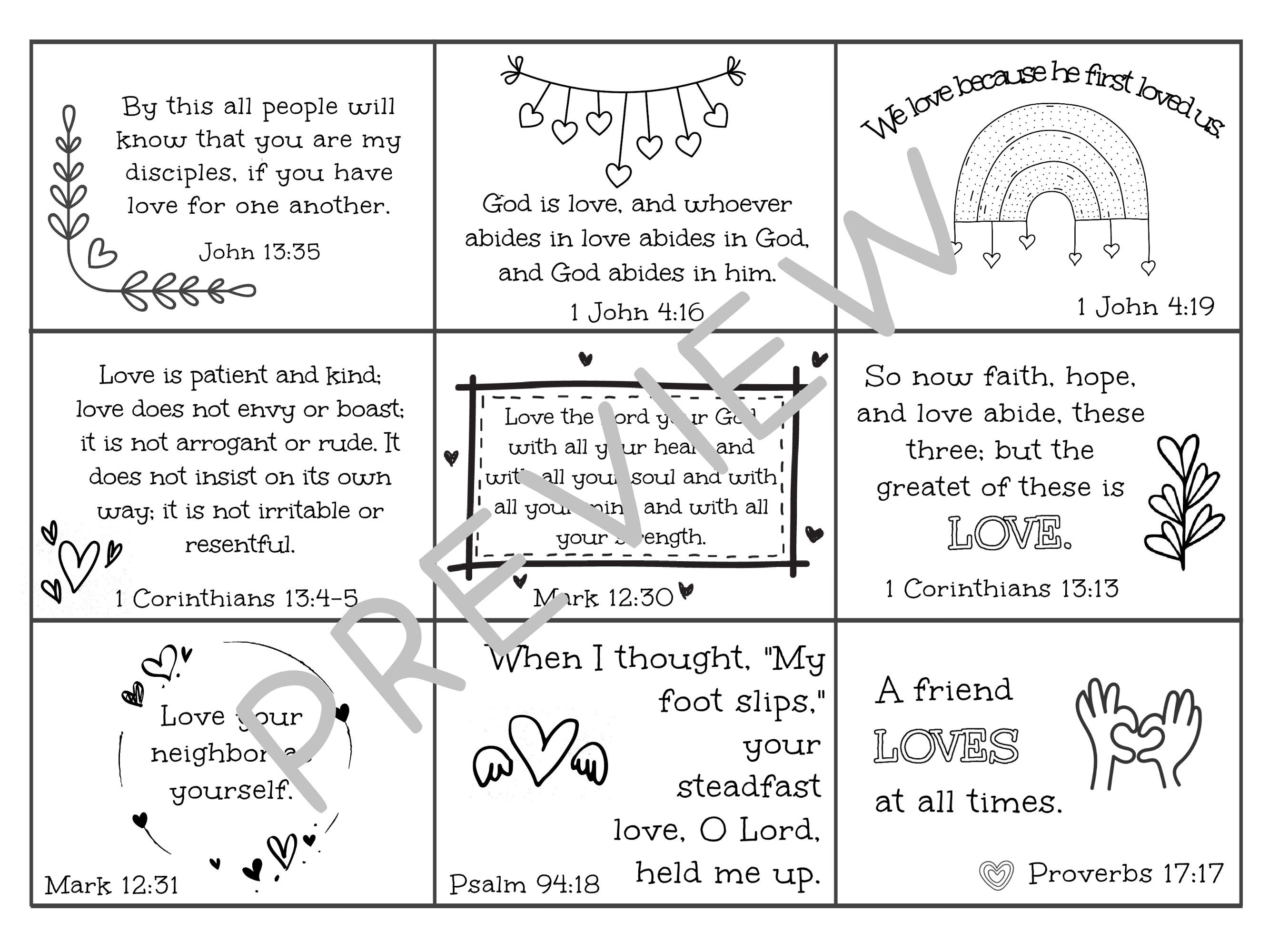 Love Themed Bible Verse Printable Coloring Cards Valentine's Day Cards ...