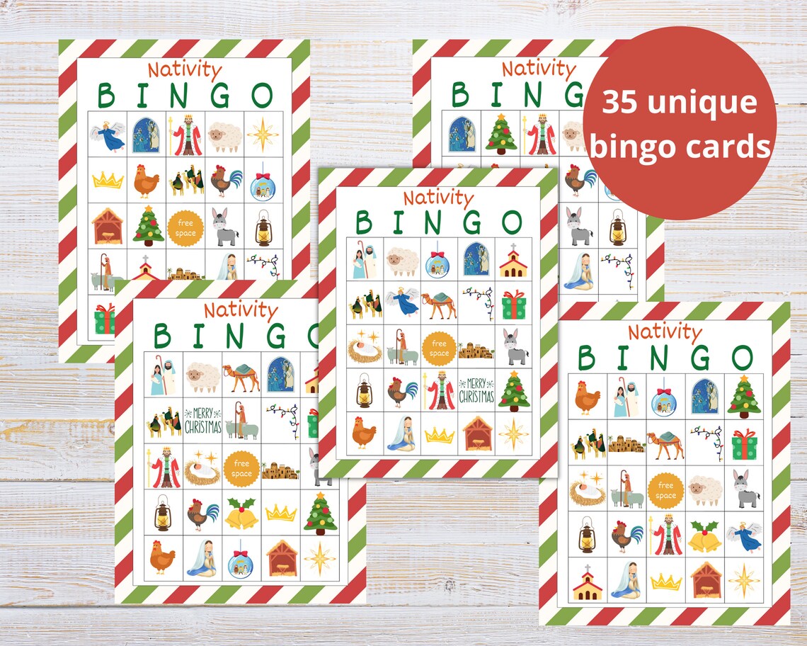 Printable Nativity Bingo | Christmas Bingo for Kids | 35 Unique Bingo ...