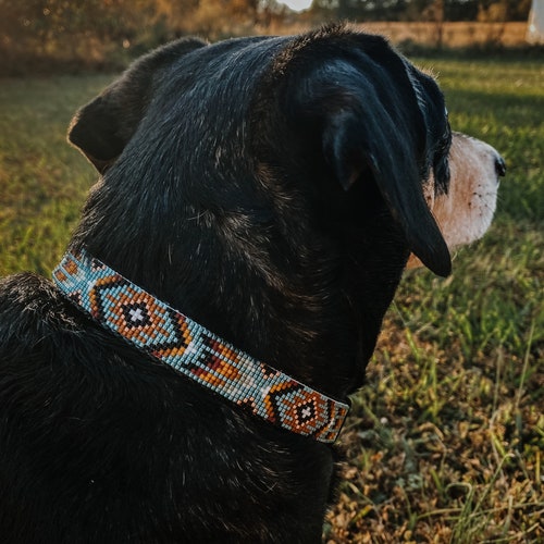 Beaded Leather Dog Collar Native Aztec Design - Etsy