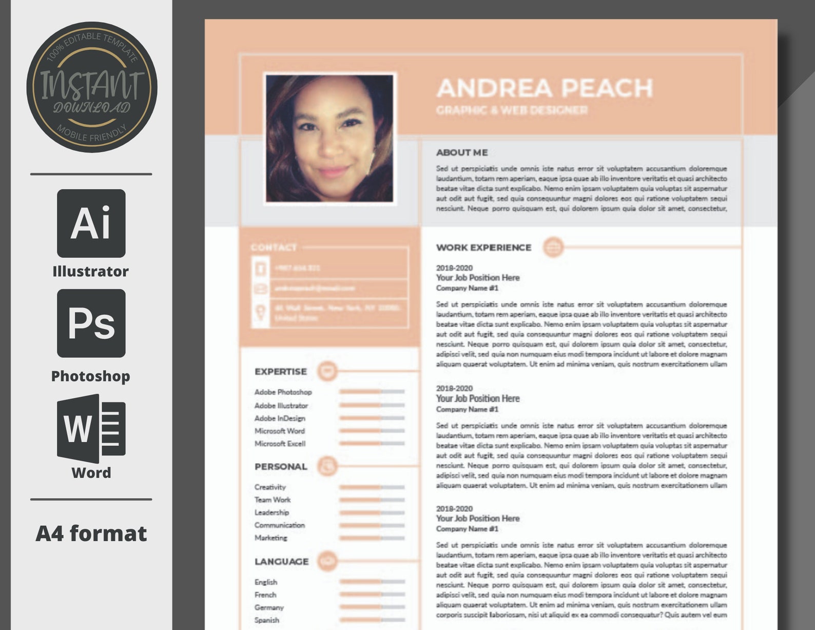 Professional Resume Template Feminine Portofolio Peach CV | Etsy