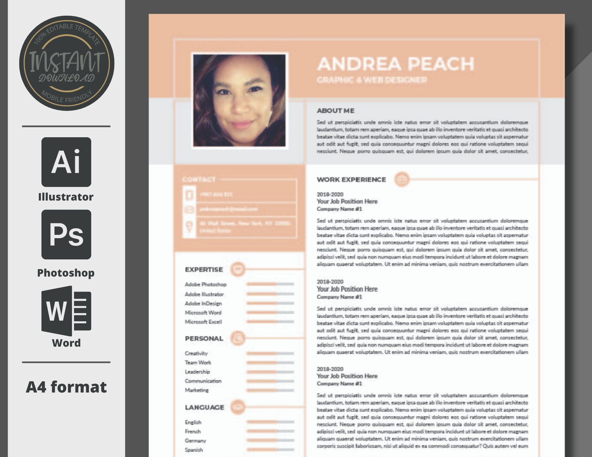 Professional Resume Template Feminine Portofolio Peach CV Word Cover ...