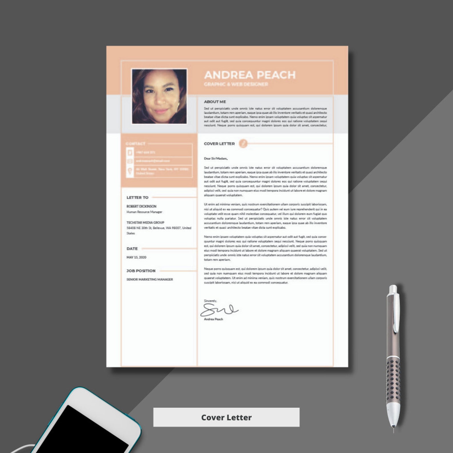Professional Resume Template Feminine Portofolio Peach CV | Etsy