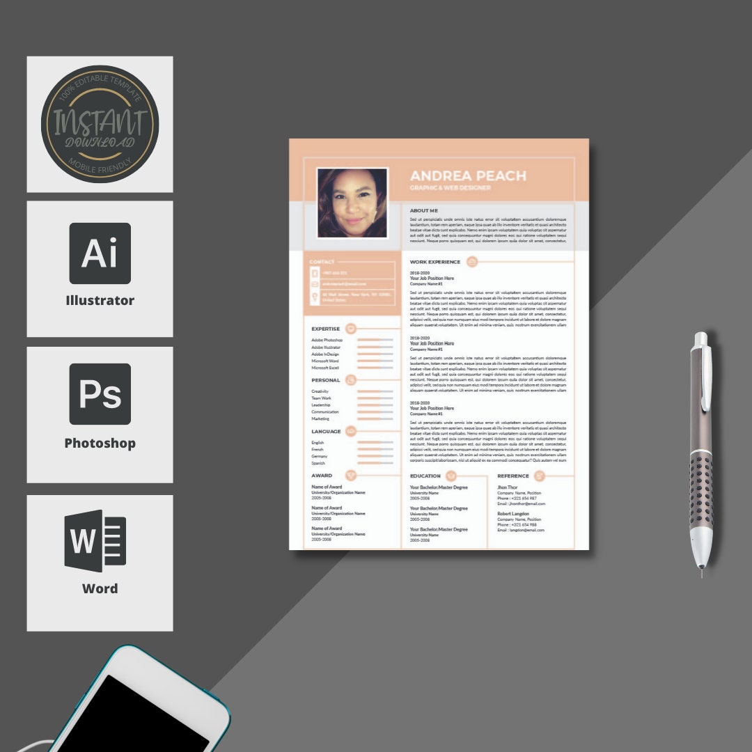 Professional Resume Template | Feminine Portofolio | Peach CV Word ...