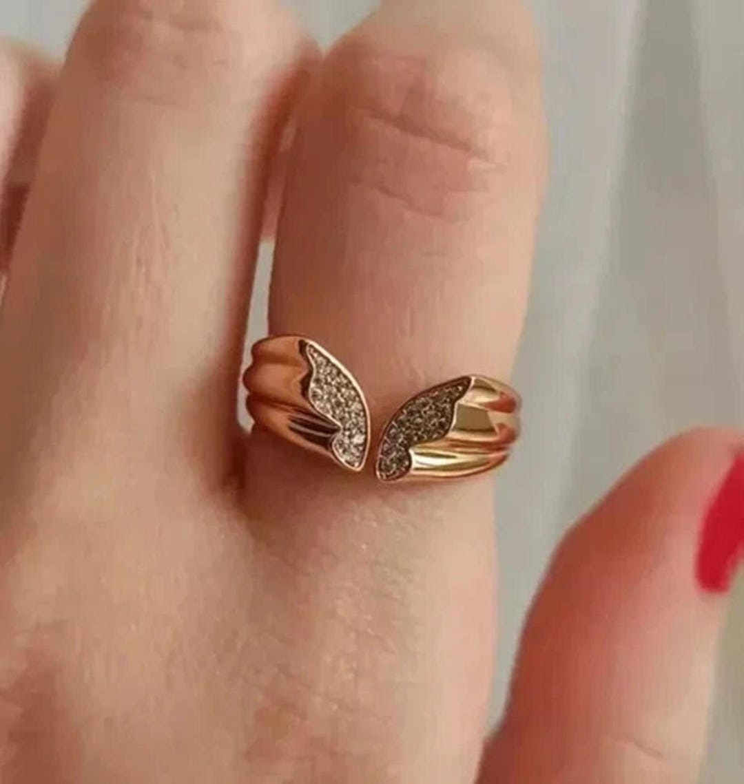 Art Deco Butterfly Wing Ring 14K Gold,round Cut Lab Diamond Open Ring ...