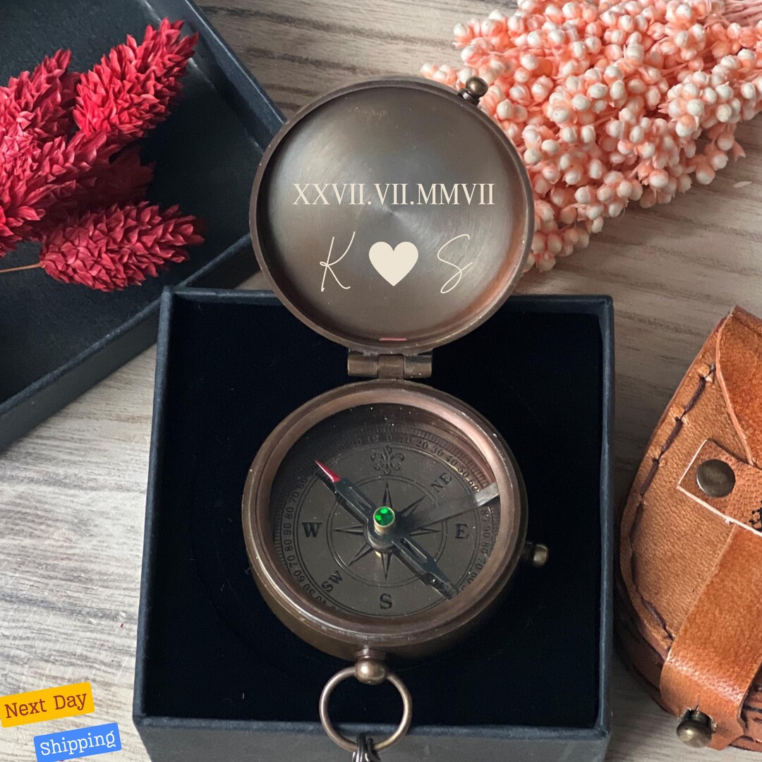 Anniversary Compass With Initials, Roman Numeral Compass, Wedding Date ...