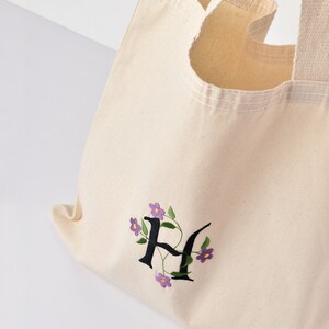 Personalized Floral Initial Embroidered Tote Bag, Custom Monogram Tote ...