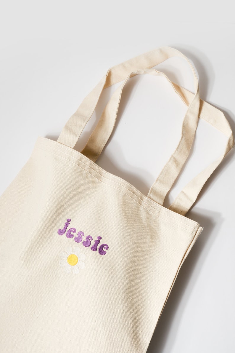 Custom Name and Daisy Embroidered Tote Bag / Personalized Embroidery ...