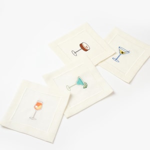 Embroidered Linen Cocktail Napkins With Drink Icons/ Set of 4/ Aperol ...