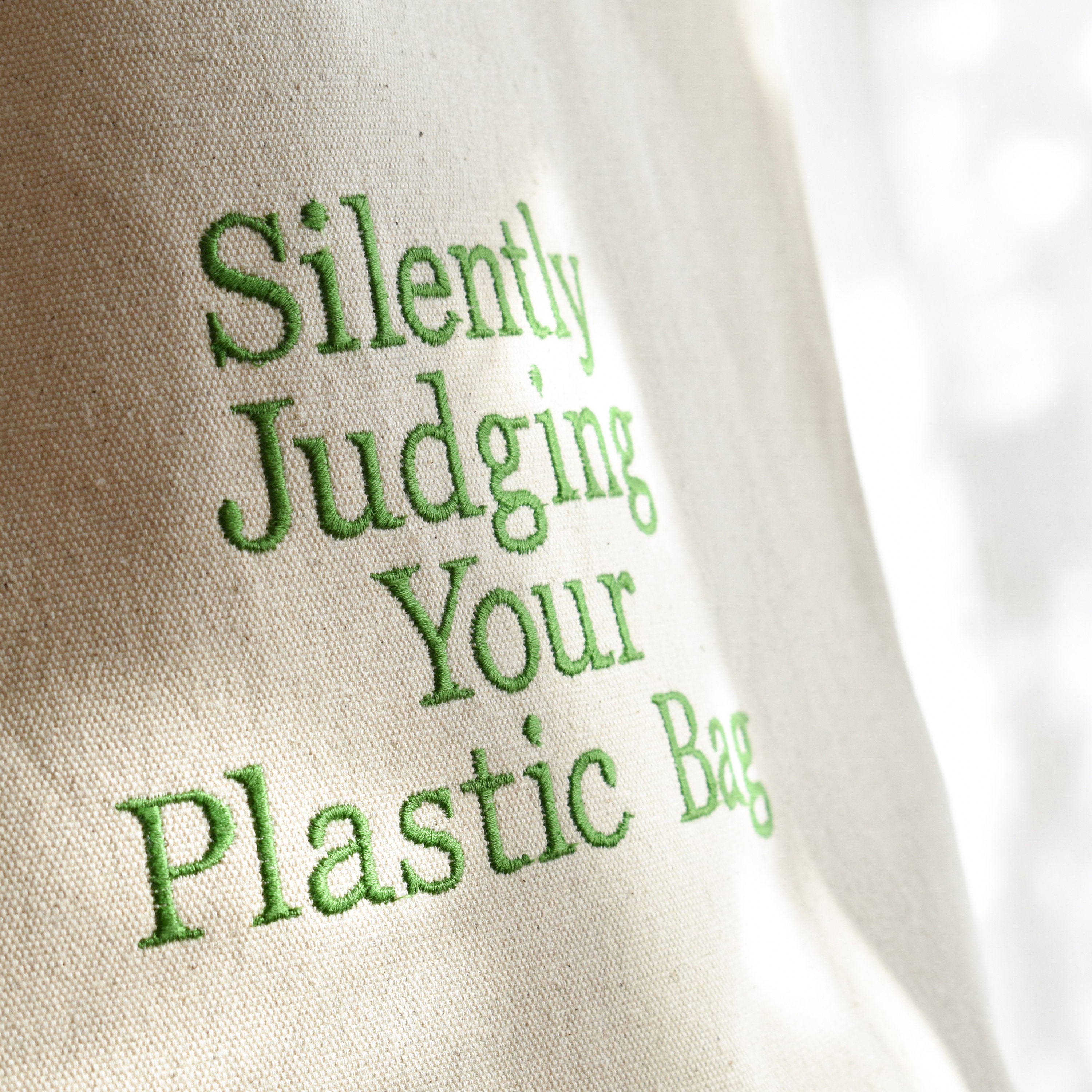 Embroidered Canvas Tote Bag: 'silently Judging Your Plastic Bag' - Etsy