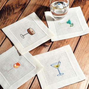 Embroidered Linen Cocktail Napkins With Drink Icons/ Set of 4/ Aperol ...