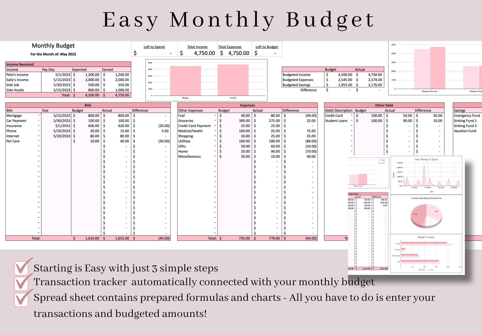 Monthly Budget Spreadsheet Template for Excel Budget Spread - Etsy