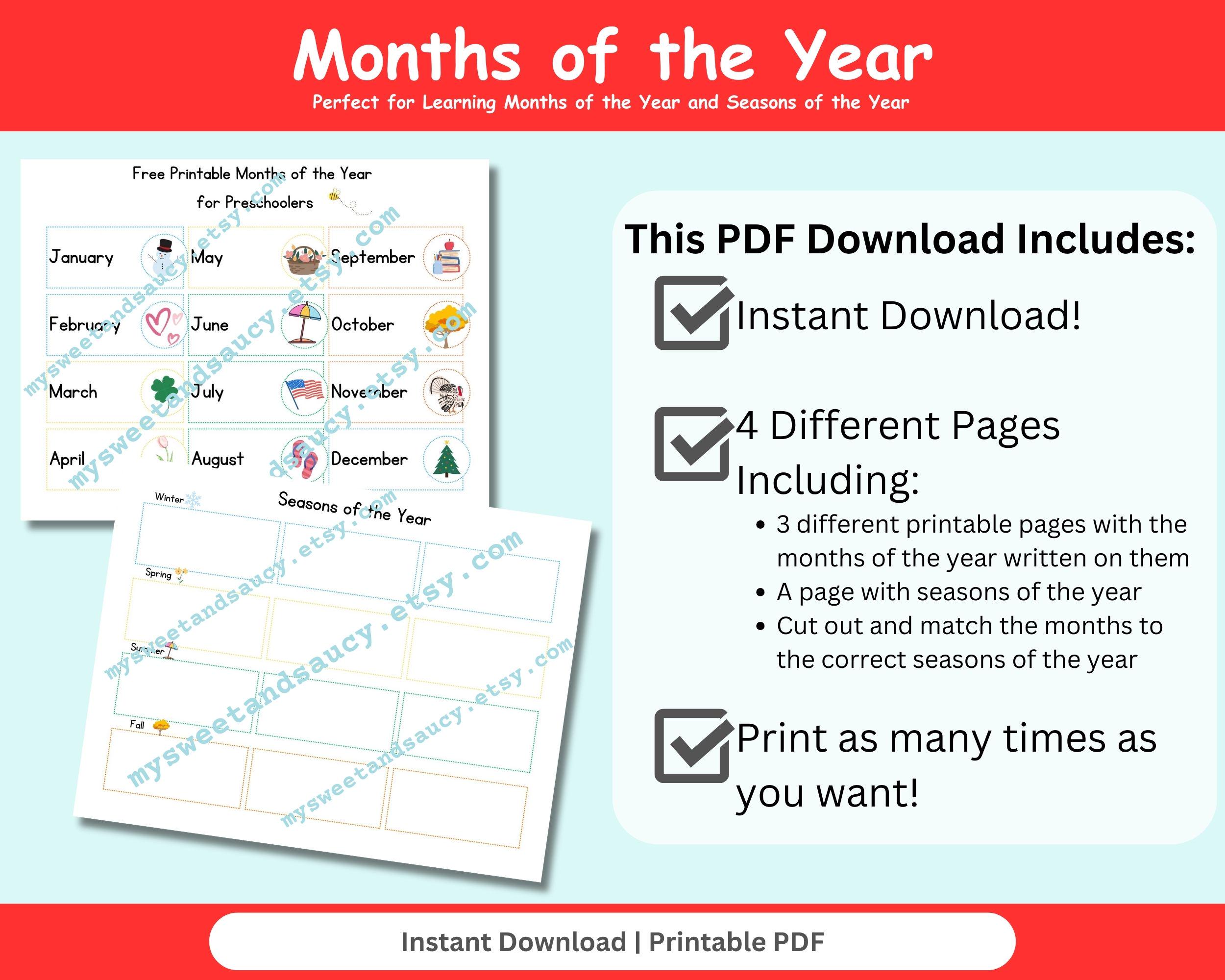 Months of the Year Chart Printable, 12 Months Poster, Classroom Charts ...