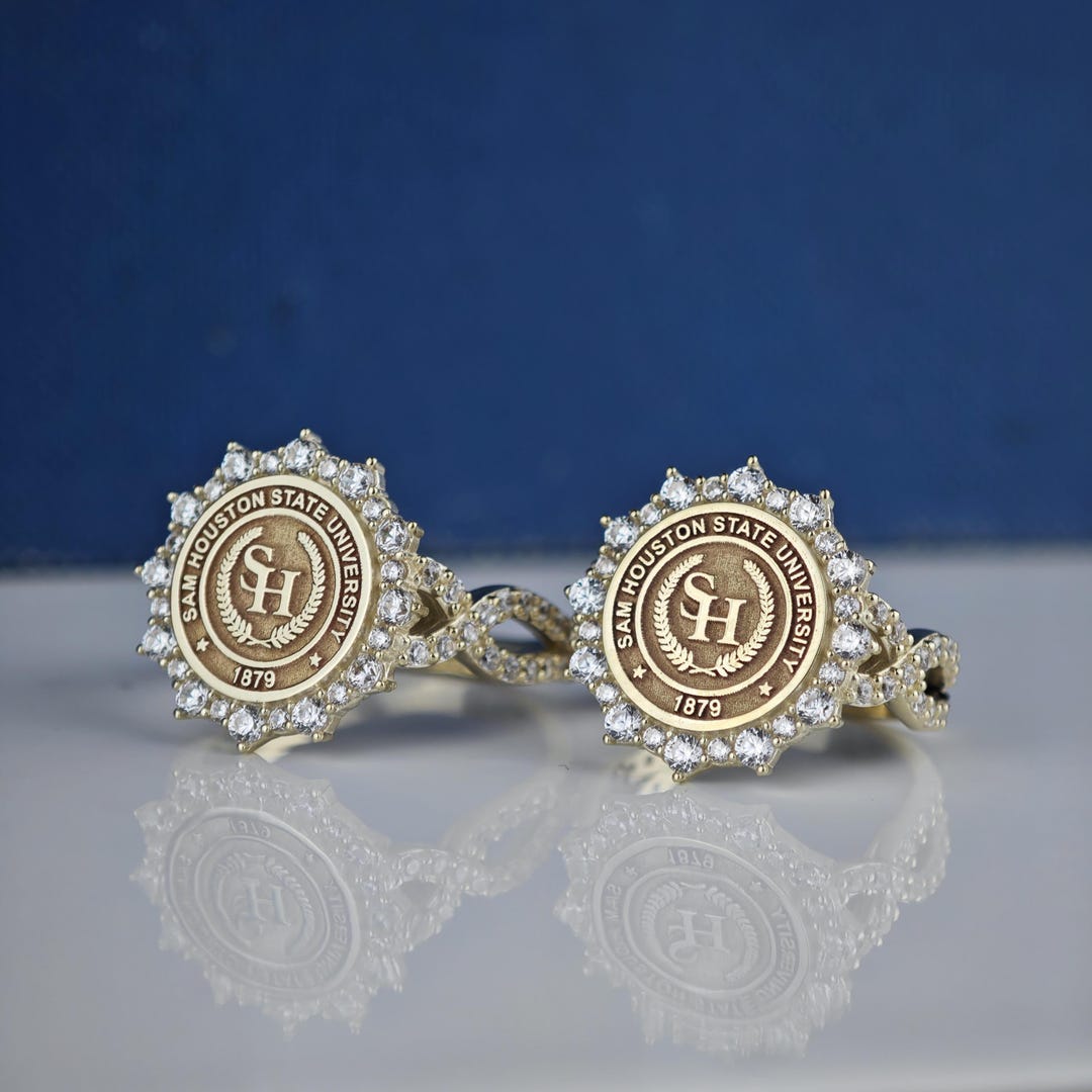 14K Real Gold College Ring With Diamond Stones, Personalized Class Ring ...