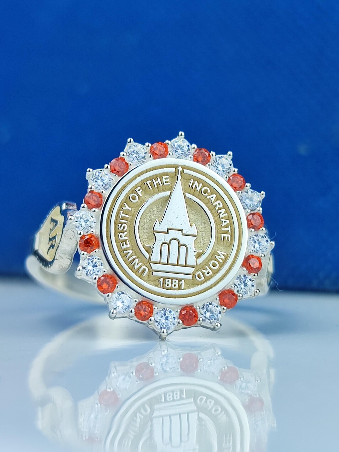 White Gold Class Ring , 14K Solid Gold College Ring , Woman Stone ...