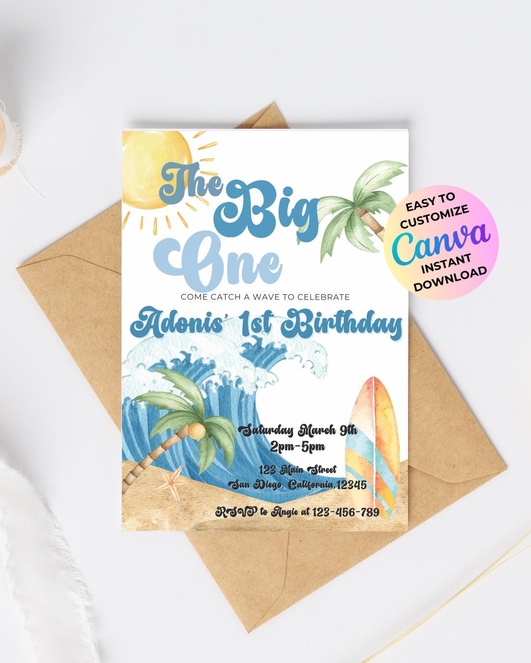 The Big One Birthday Invitation – Surfer Theme, Editable Canva (digital ...