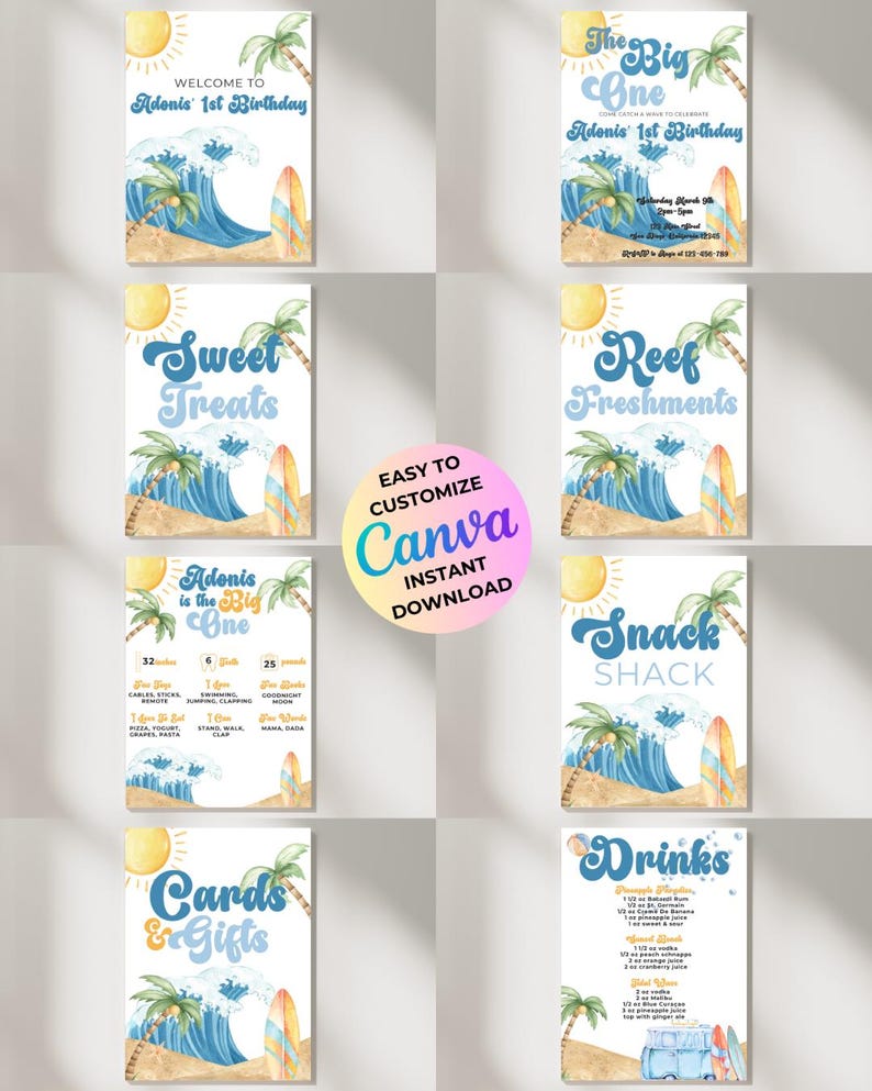 The Big One Birthday Invitation – Surfer Theme, Editable Canva (digital ...