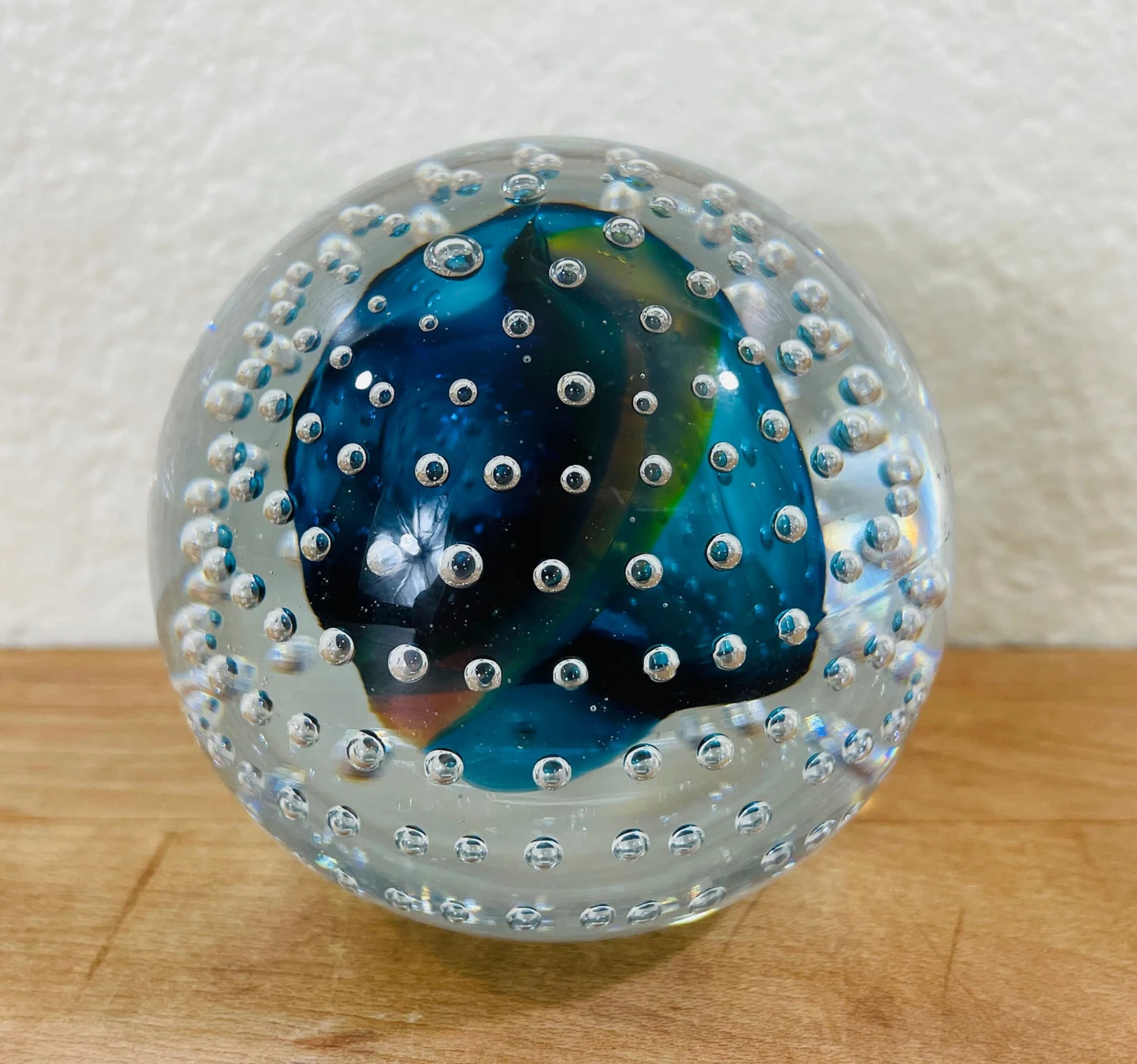 Lead Crystal Paperweight, Art Glass Controlled Bubble Round Decor Item ...