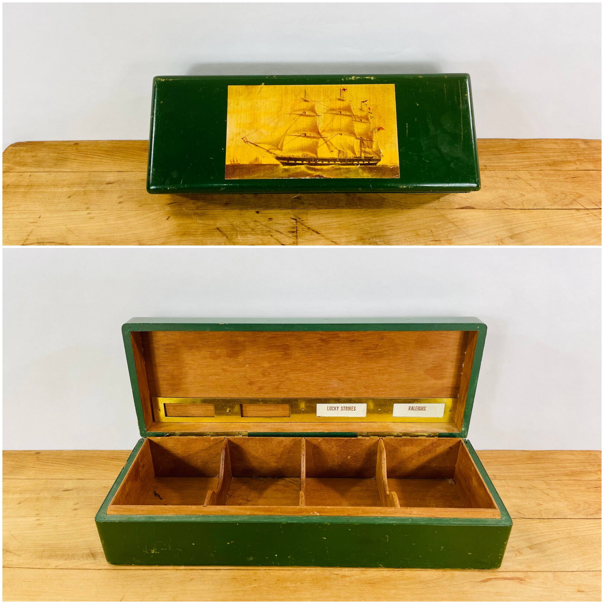 Green Wooden Cigarette Box With Decoupage 28 Gun Ship of the Line - Etsy