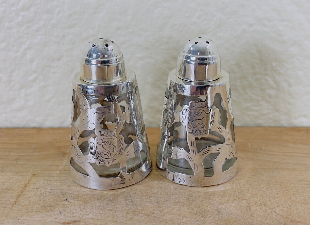 Mexican Openwork .925 LHM Sterling Silver and Clear Glass Salt and ...