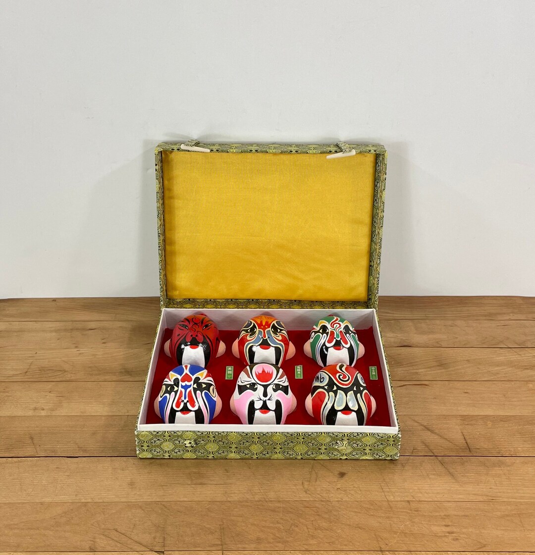 Miniature Chinese Peking Clay Opera Masks in Original Silk Box, 6 Clay ...