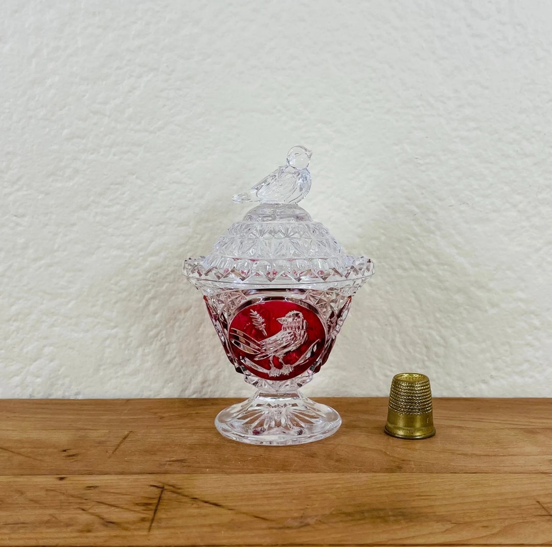 Ruby Red Birds/byrdes Cut to Clear Crystal Bird Design Small Covered ...