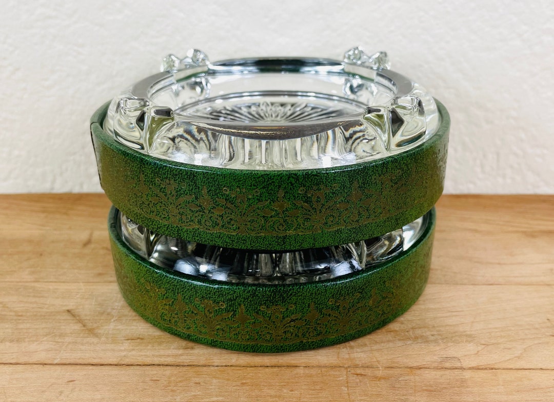 Glass Ashtray Insert in Green Leather Base / Wrap, Round Clear Glass ...