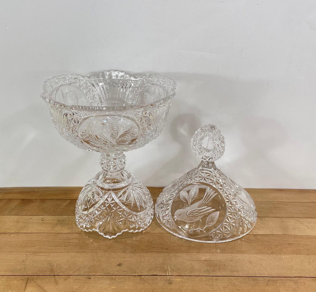 Clear Crystal Bird Design Large Round Lidded and Footed Candy Dish ...