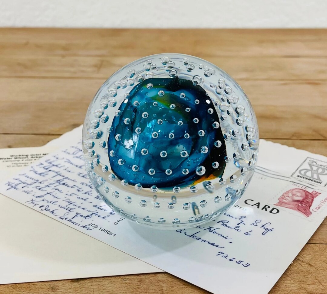 Lead Crystal Paperweight, Art Glass Controlled Bubble Round Decor Item ...