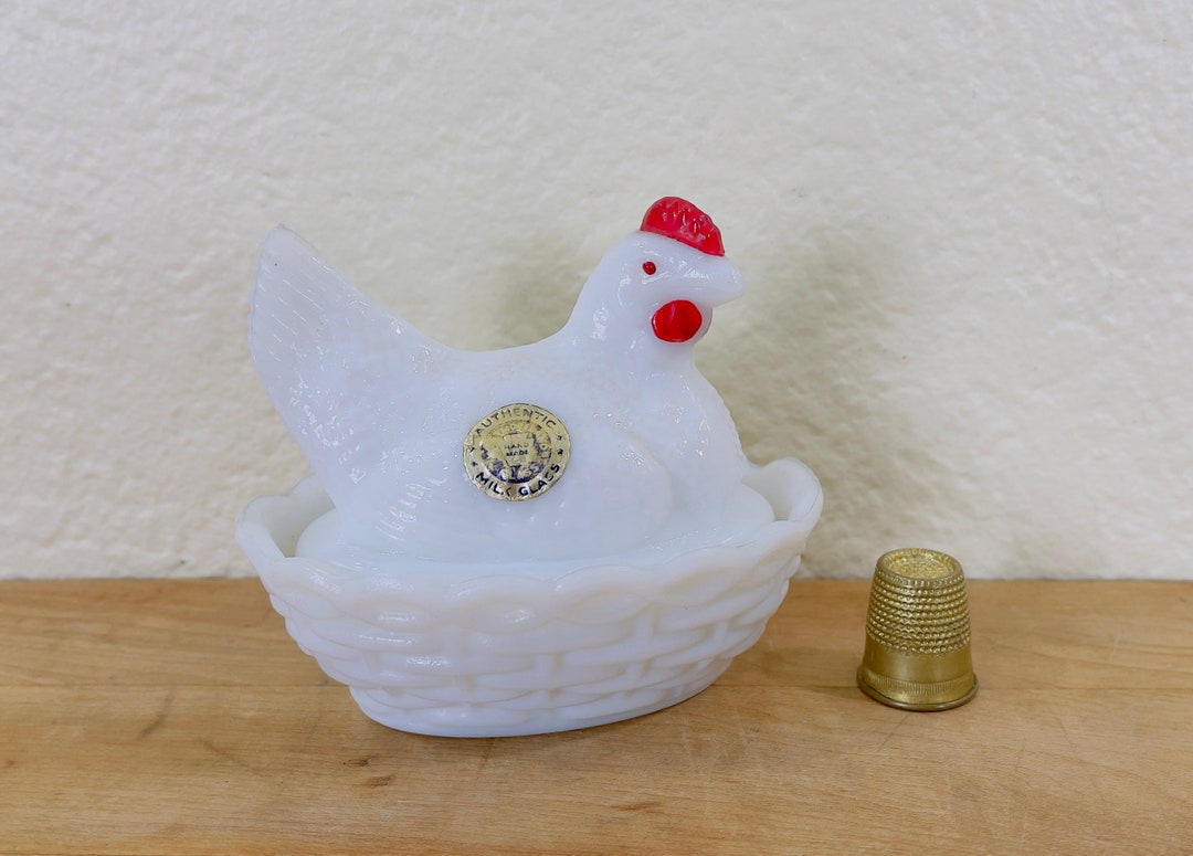 Miniature Chicken/hen on a Nest in White Milk Glass Made by ...