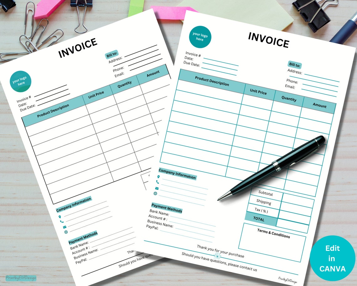 Printable Invoice Template, Online Editable Invoice, Business Custom ...