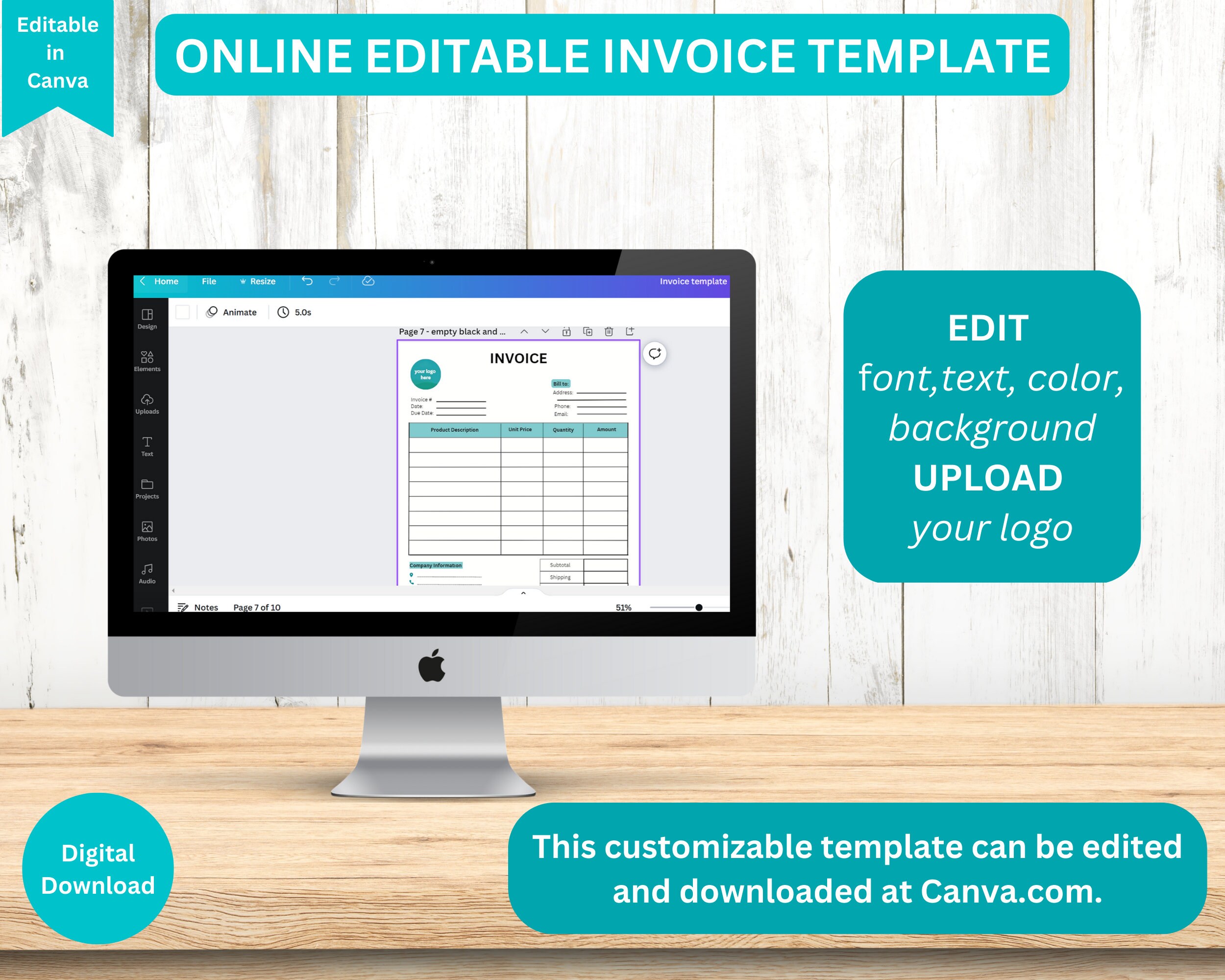 Printable Invoice Template, Online Editable Invoice, Business Custom ...