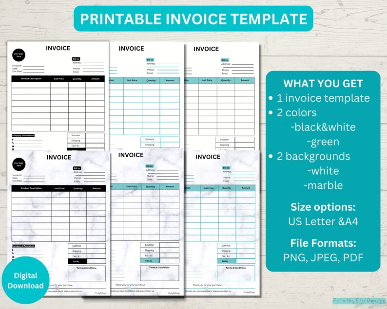 Printable Invoice Template, Online Editable Invoice, Business Custom ...