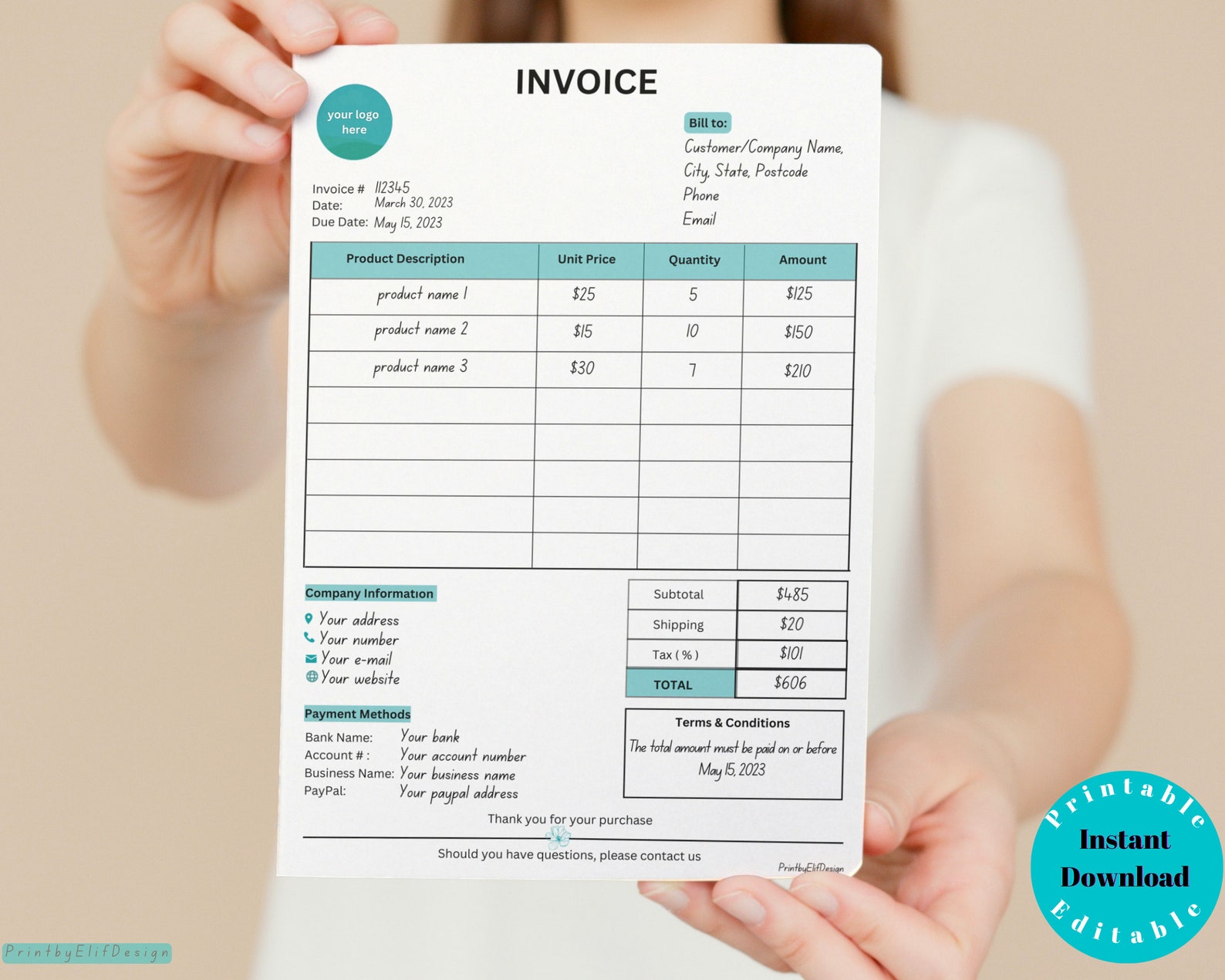 Printable Invoice Template, Online Editable Invoice, Business Custom ...