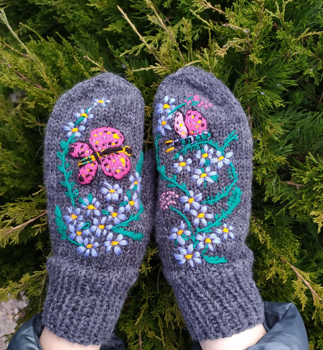 Embroidered Mittens, Embroidered Flower Gloves, Women Hand Warmers ...
