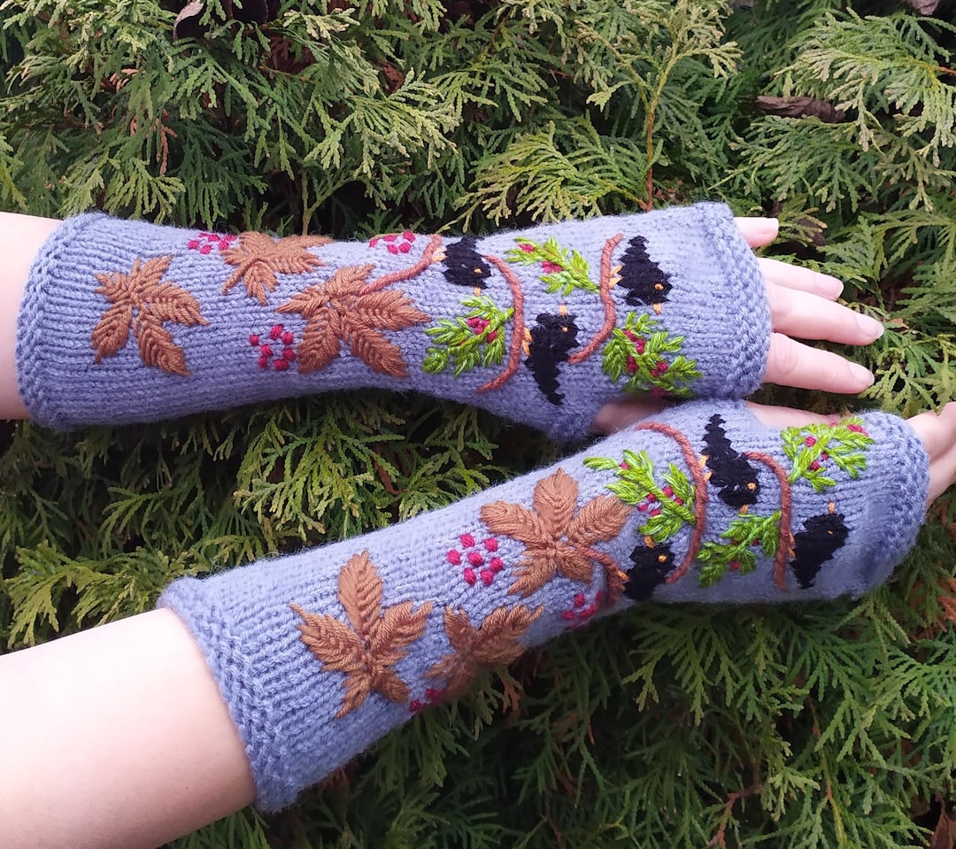 Embroidered Fingerless Gray Long Mittens Leaves Birds, Autumn ...