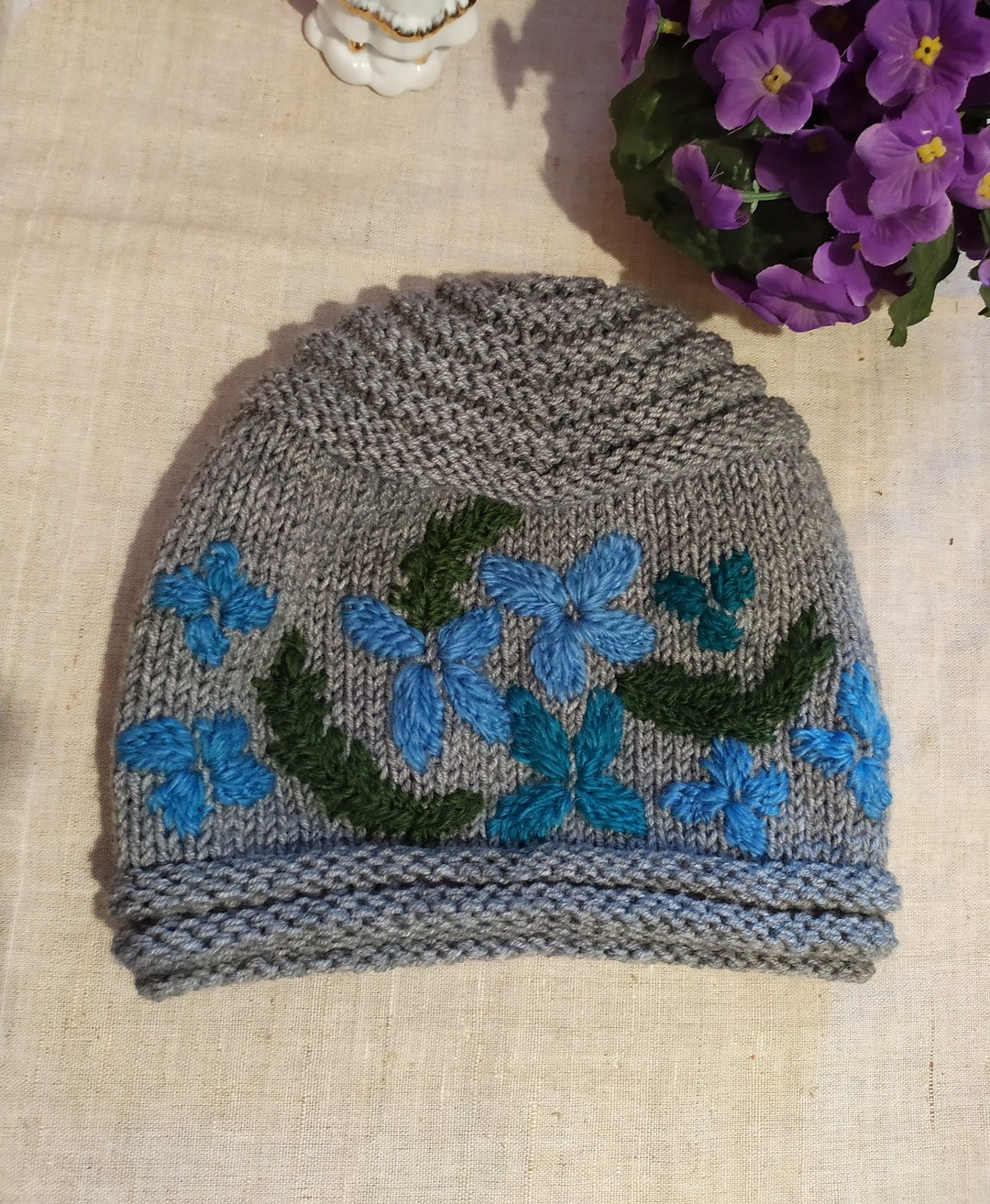 Hand-knitted Flower Hat With Handmade Floral Embroidery, Winter Hat ...