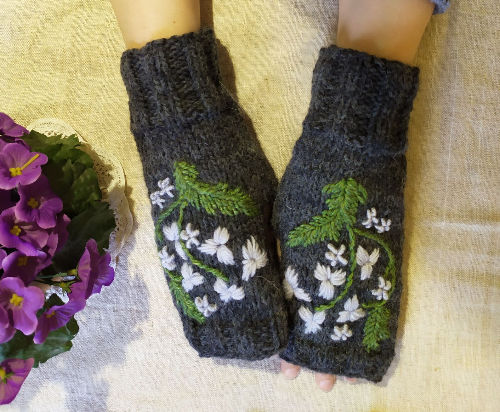 Embroidered Fingerless Women Mittens, Fingerless Gloves, Fingerless ...
