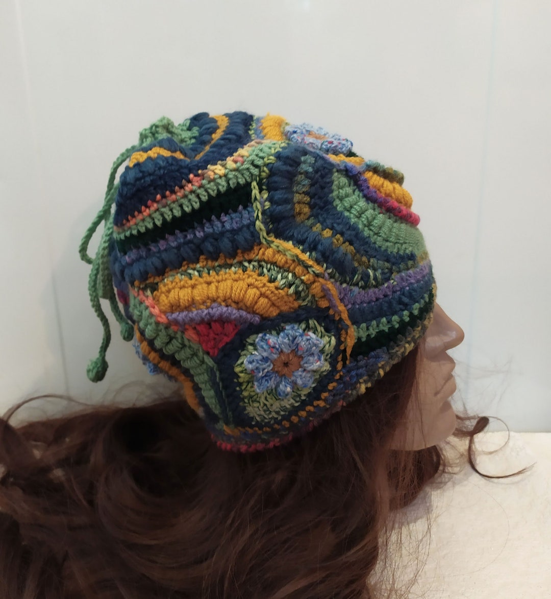 Boho Flower Beanie. Crochet Multicolor Women Beanie, Winter Knit Hat ...