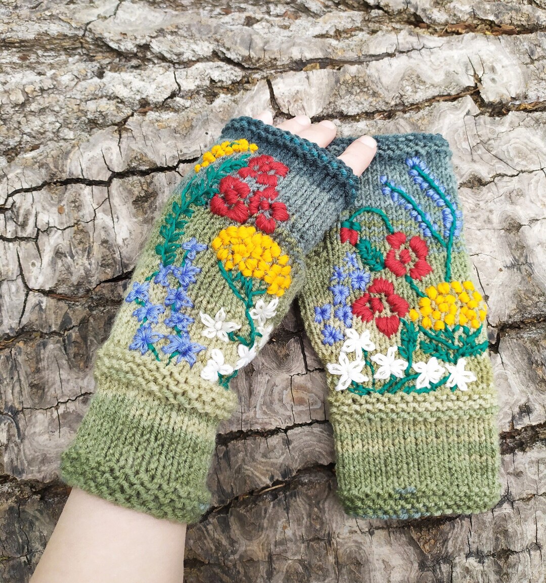 Embroidered Fingerless Mittens, Fingerless Embroidered Flower Gloves ...