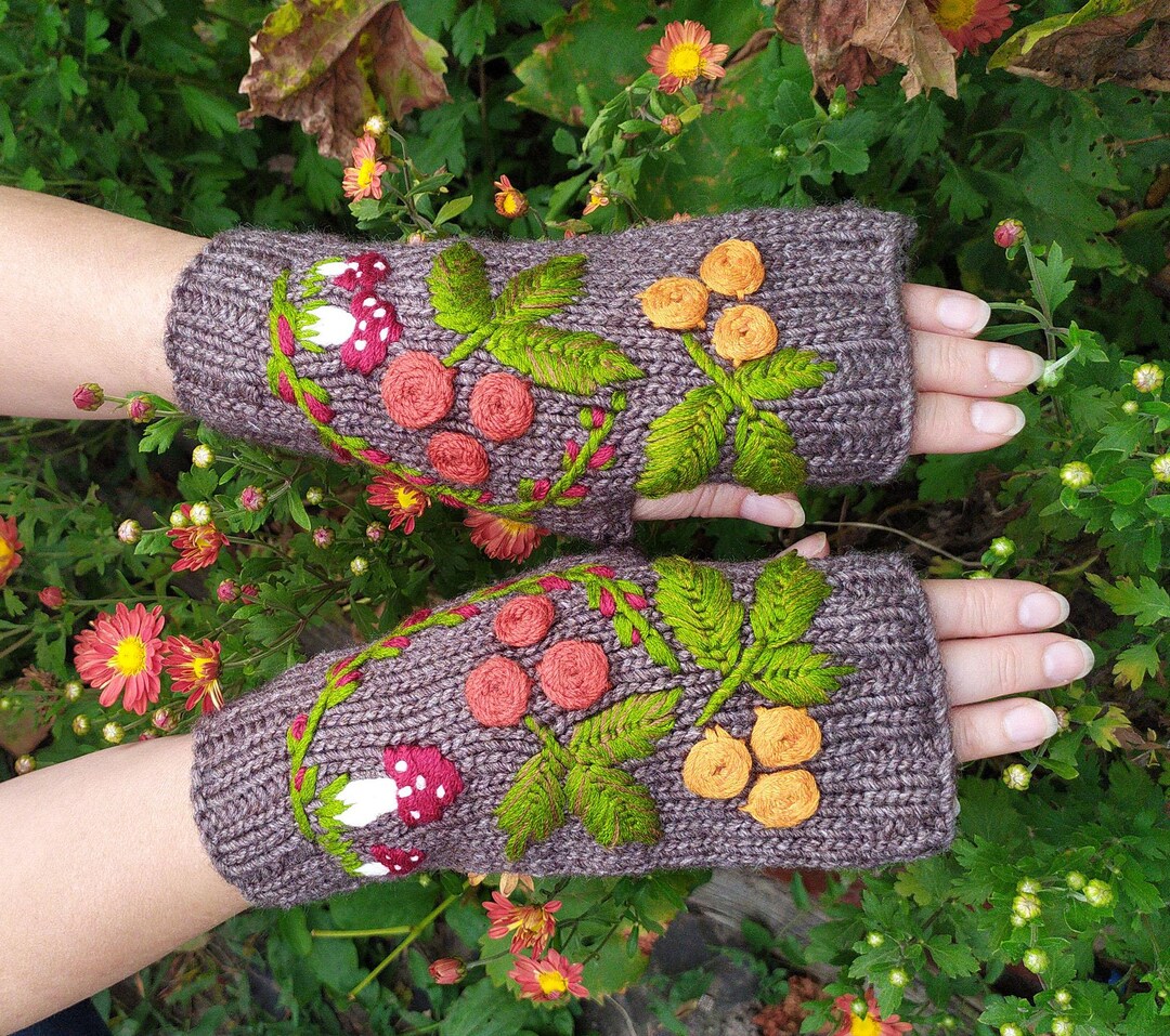 Embroidered Fingerless Mittens, Autumn Embroidery Gloves, Fly Agaric ...