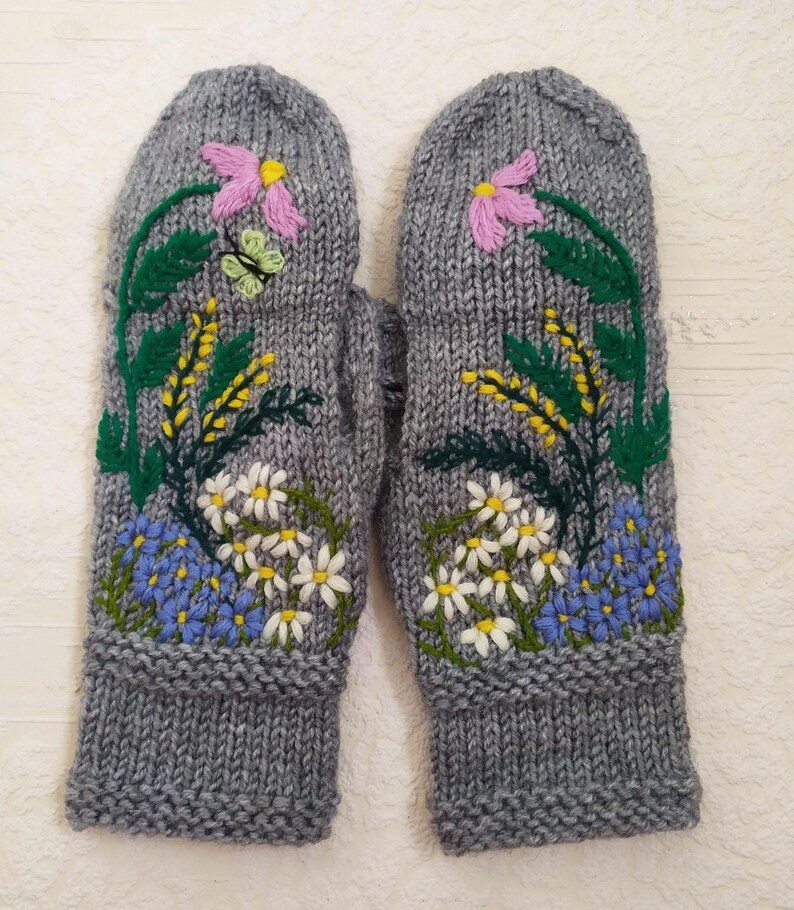 Convertible Flip Over Mittens, Gray Fingerless Embroidered Glove ...