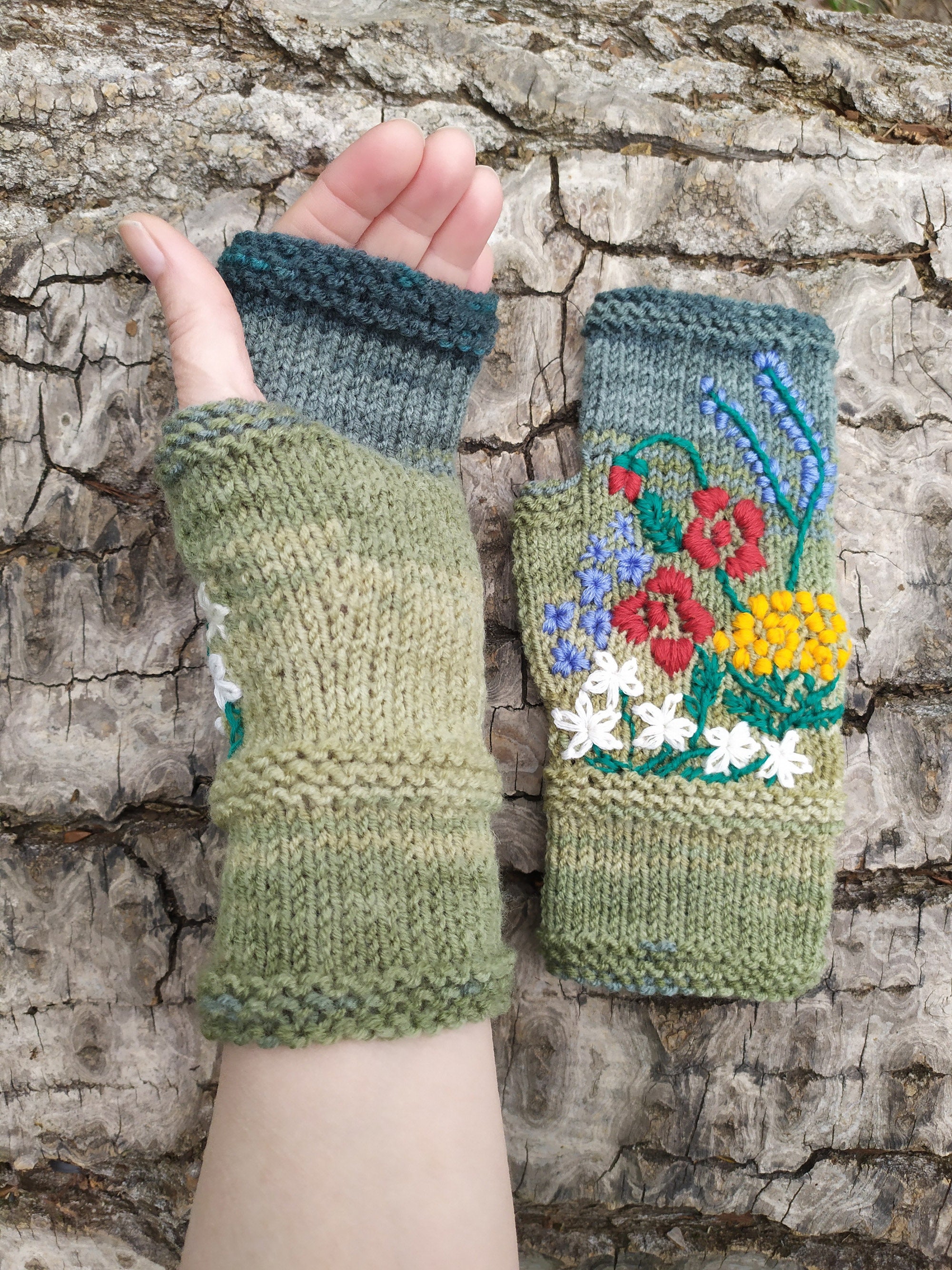Embroidered Fingerless Mittens, Fingerless Embroidered Flower Gloves ...